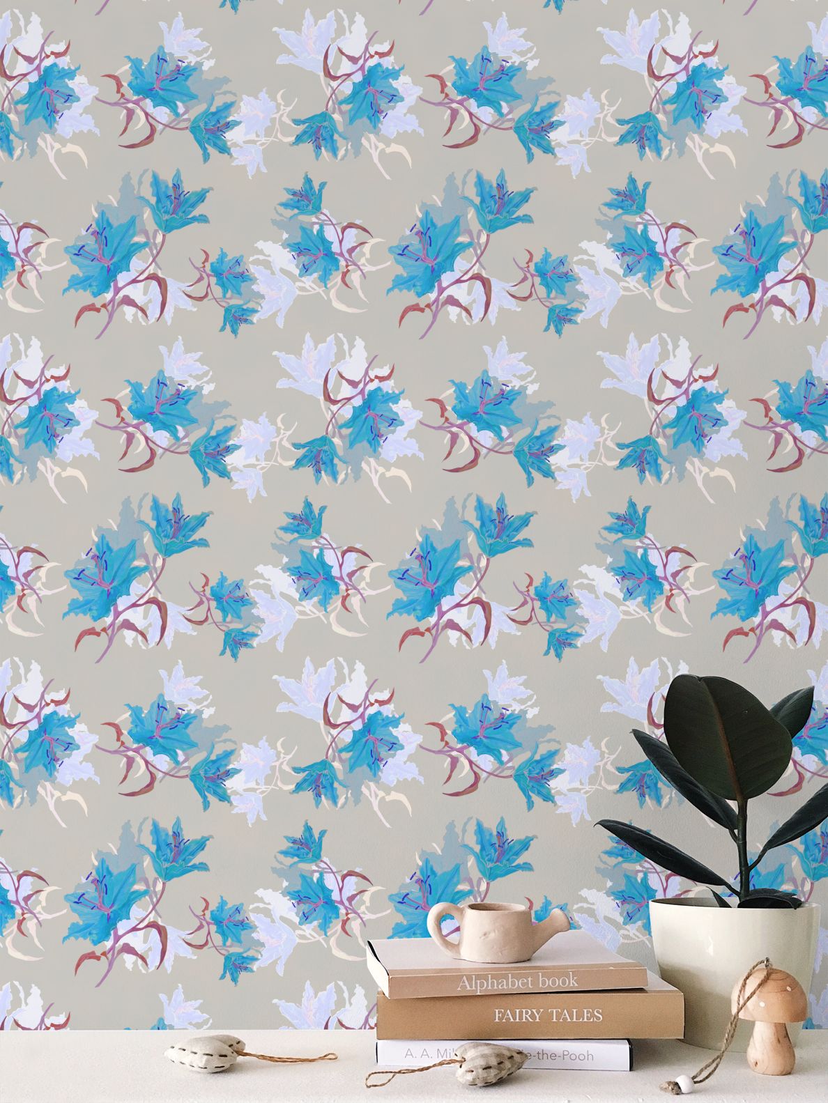 Repeat Pattern Wallpaper Teal, Beige Floral Dancing Lilies Teal Wonder
