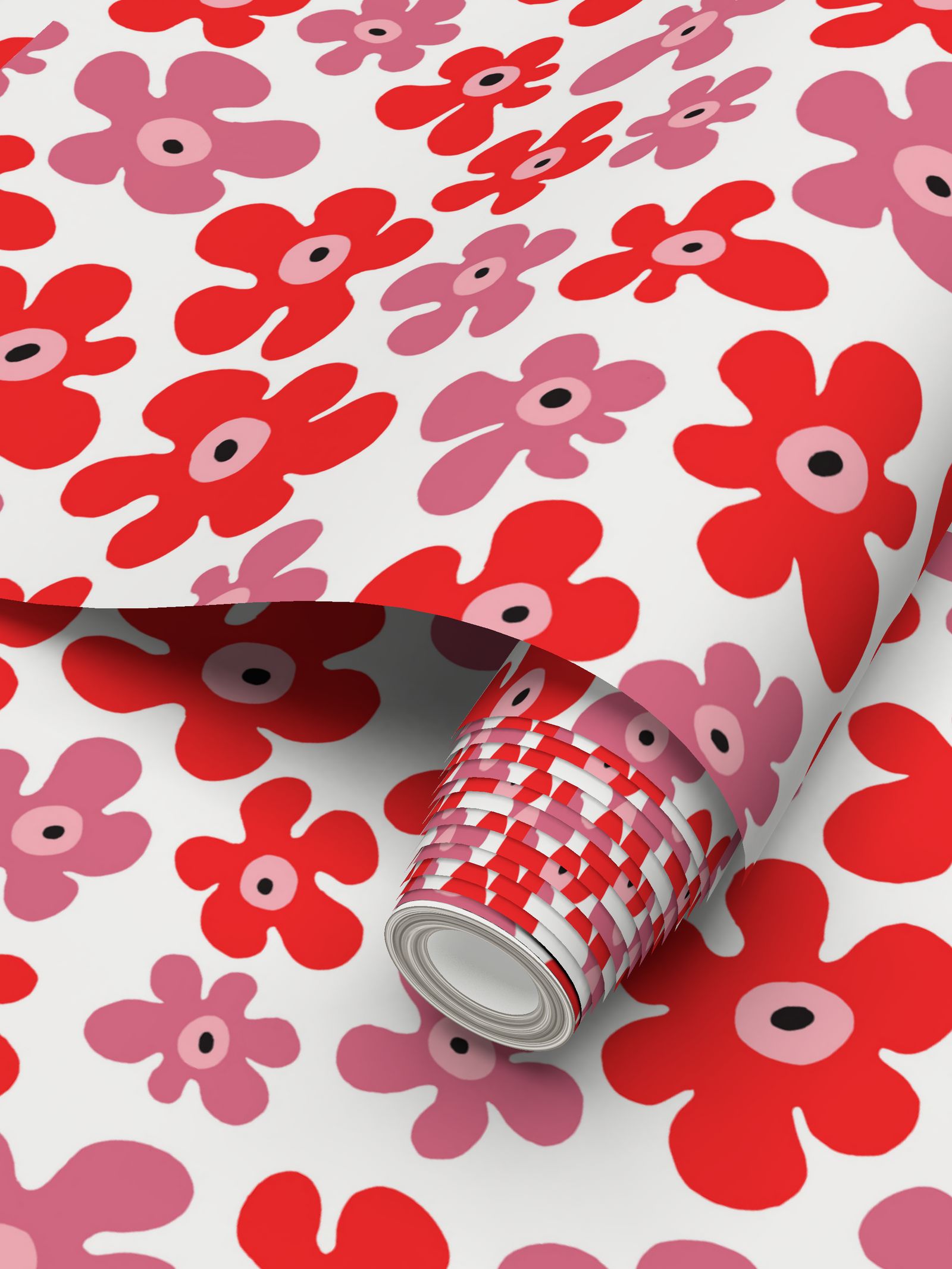 Red Hippie Flowers Pattern Wallpaper
