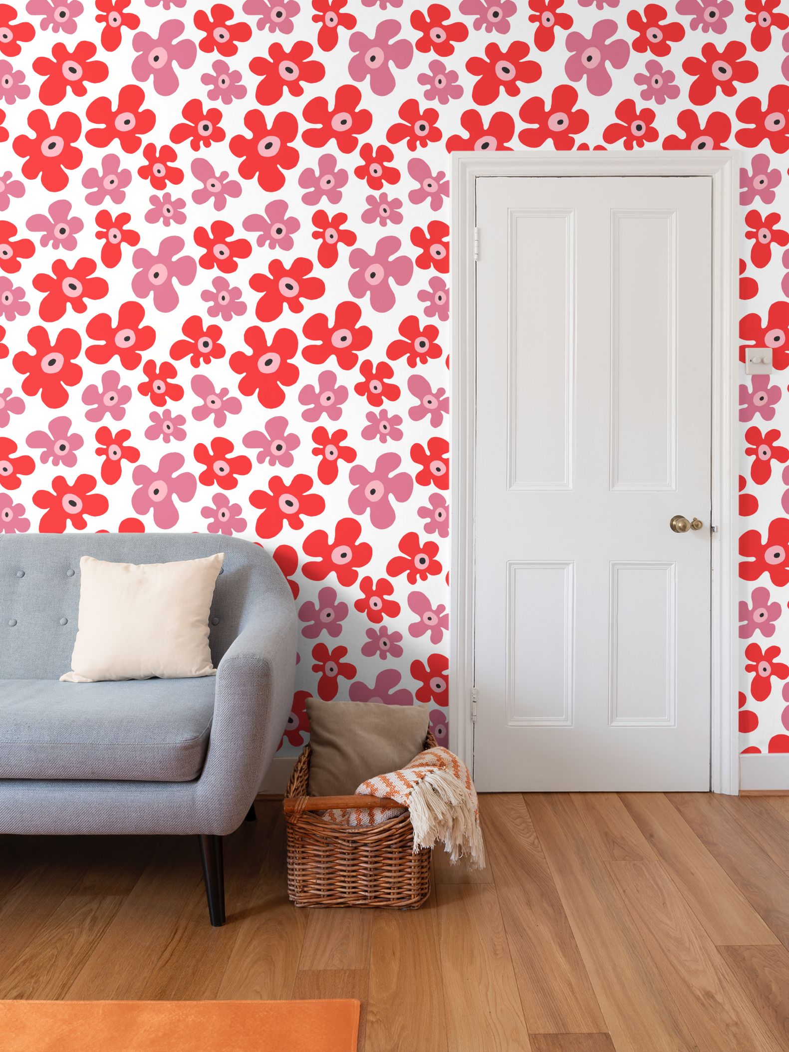 Red Hippie Flowers Pattern Wallpaper