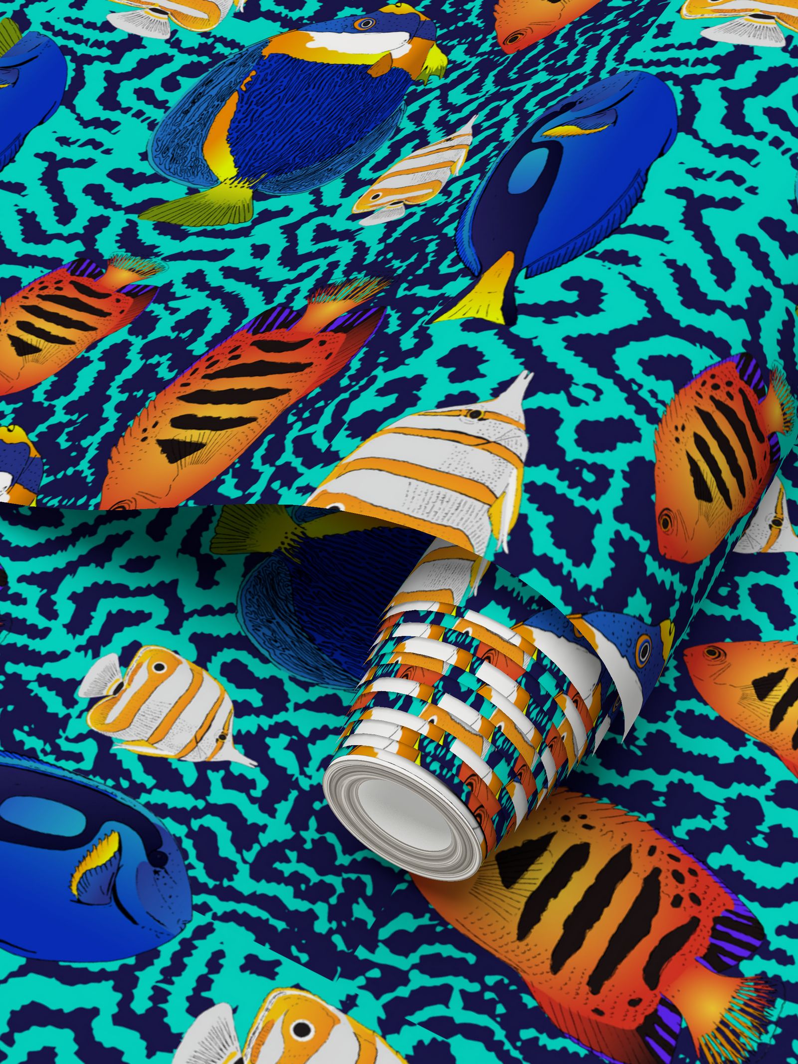 Tropical Aquarium Fish Patterned Wallpaper