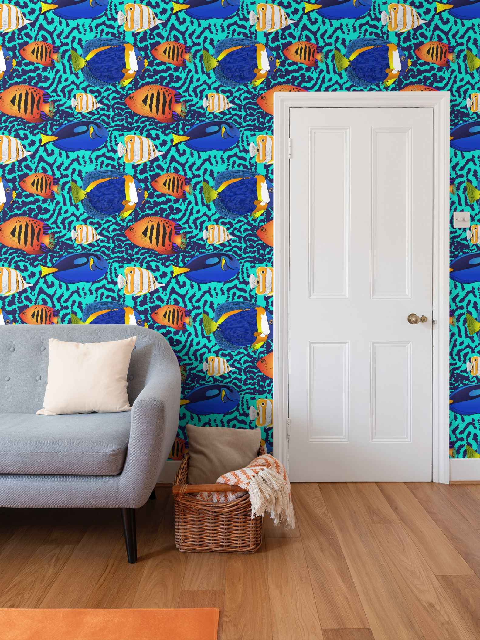 Tropical Aquarium Fish Patterned Wallpaper