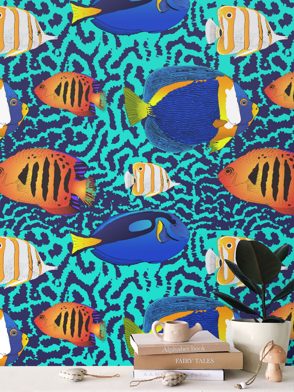 Tropical Aquarium Fish Patterned Wallpaper