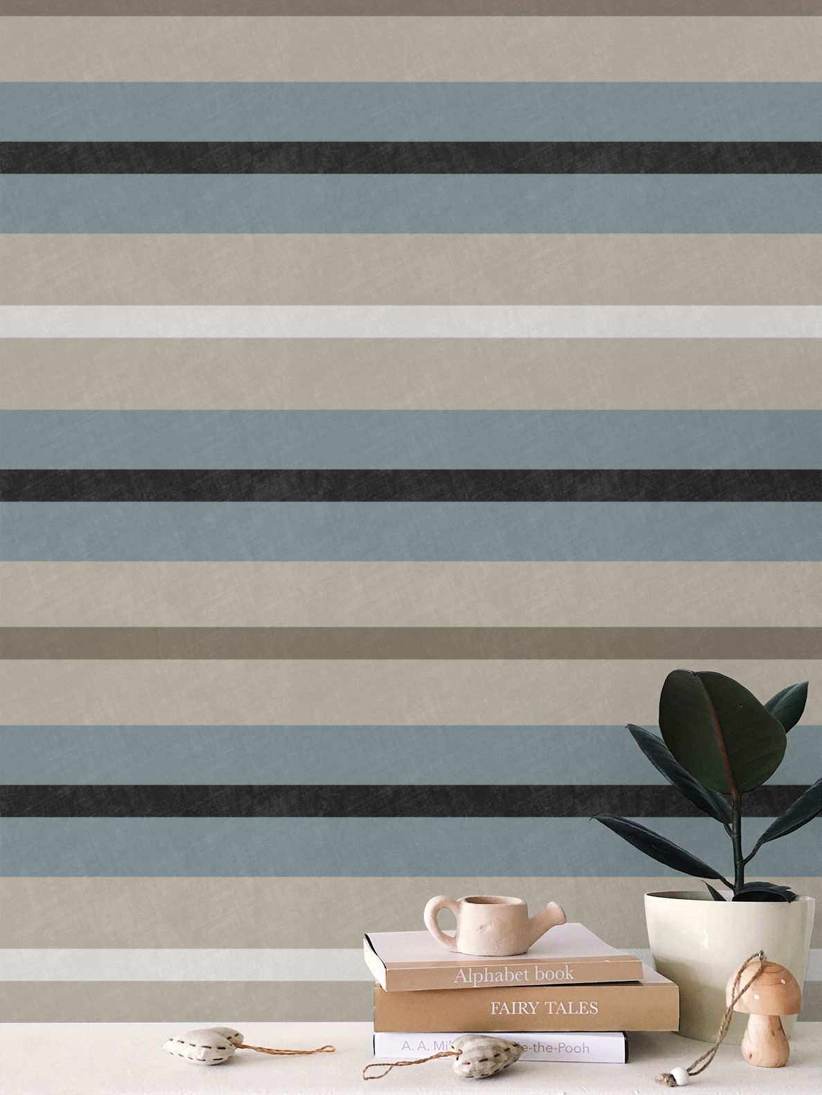Neutral stripes with linen texture wallpaper in beige teal black