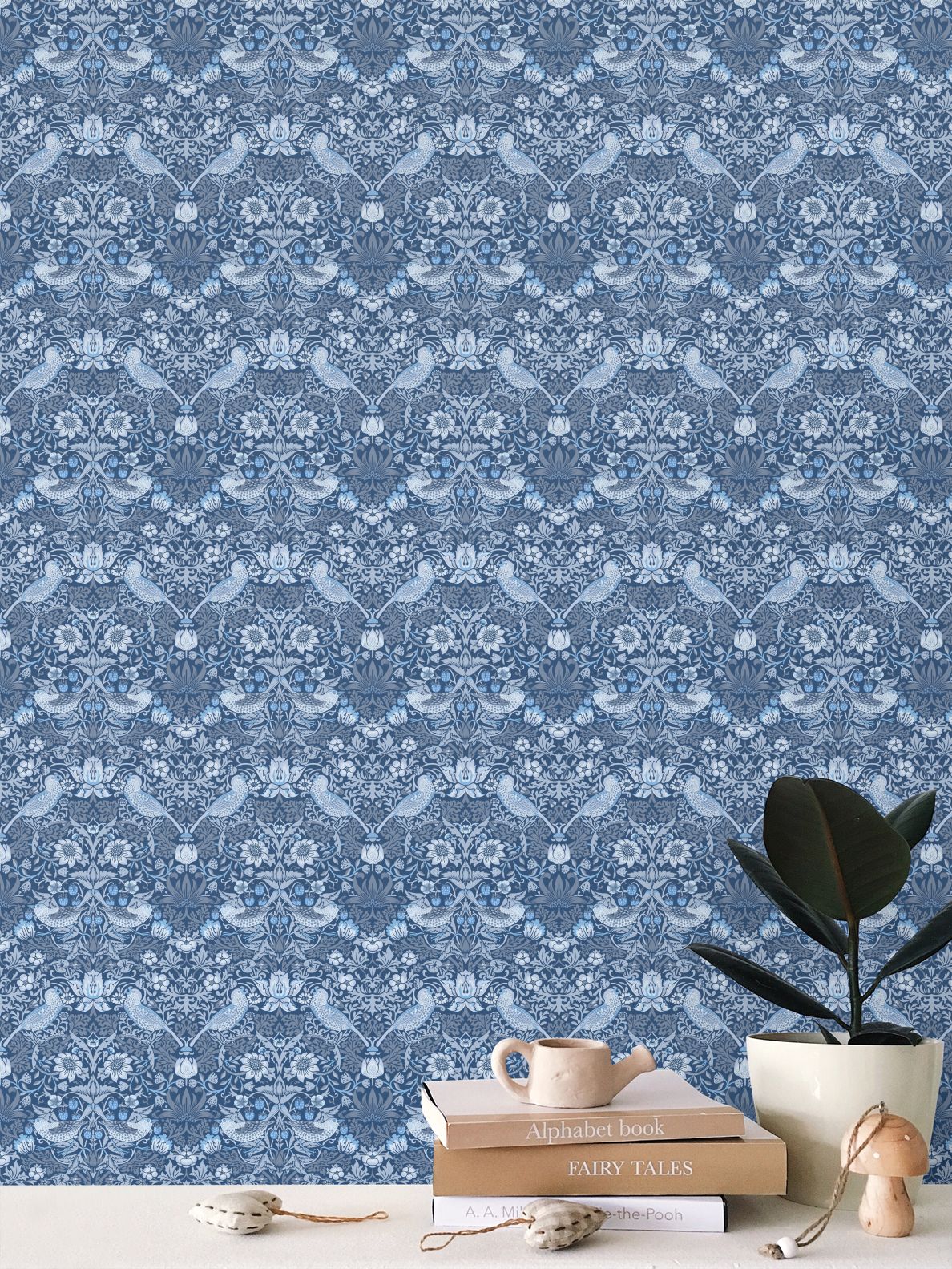 Strawberry Thief by William Morris Repeat Pattern Wallpaper - blue