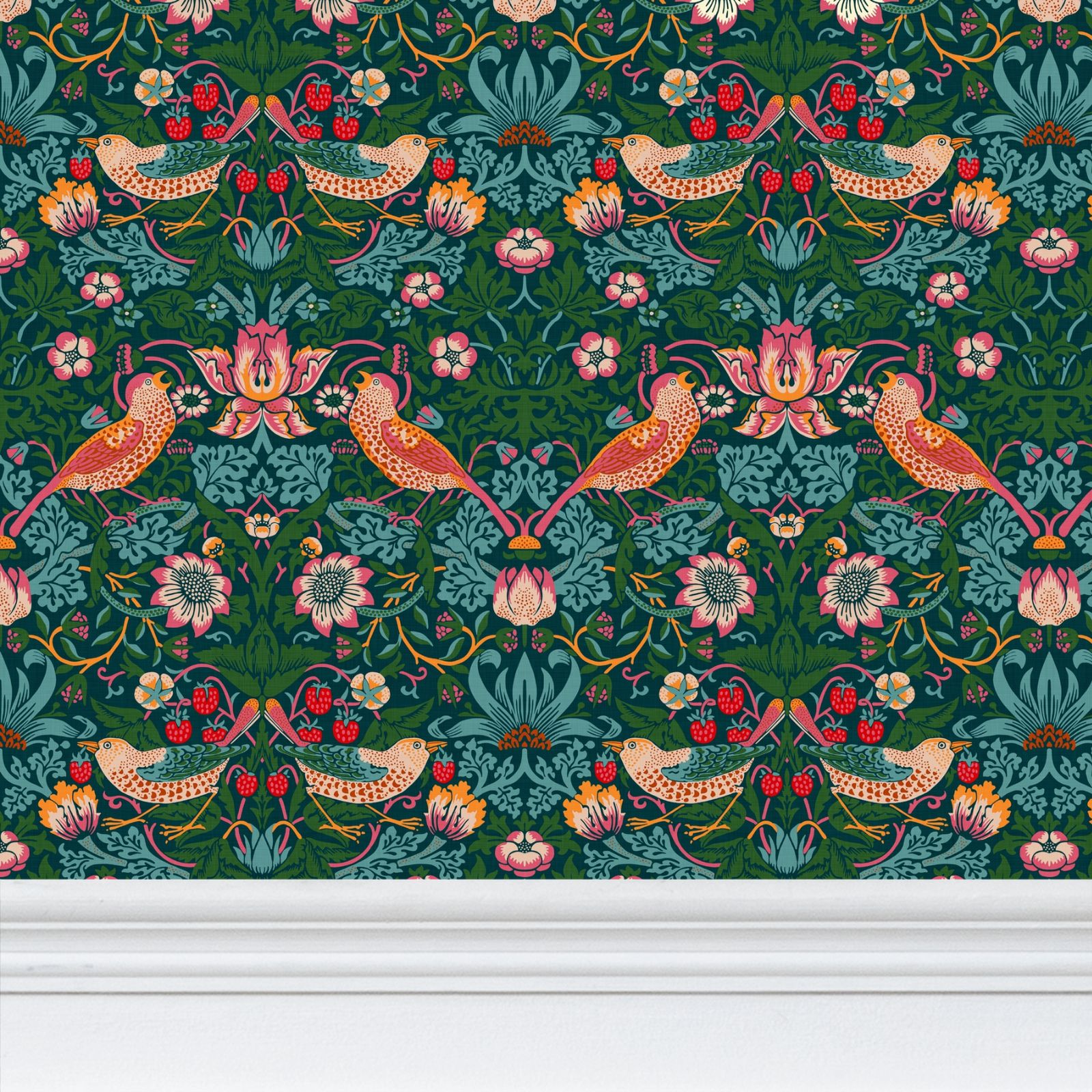 Strawberry Thief by William Morris Repeat Pattern Wallpaper Teal