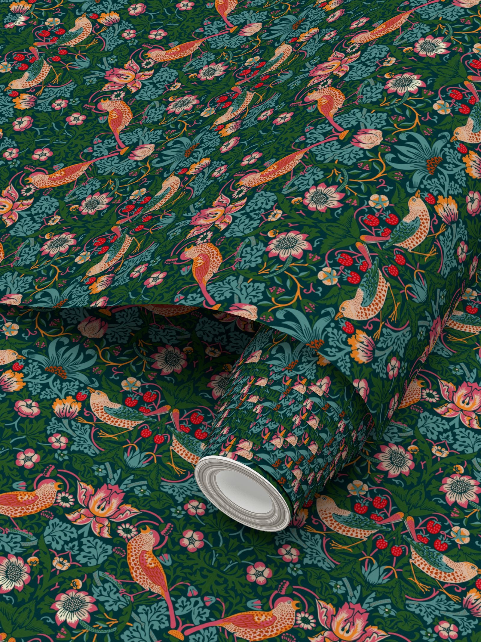 Strawberry Thief by William Morris Repeat Pattern Wallpaper Teal