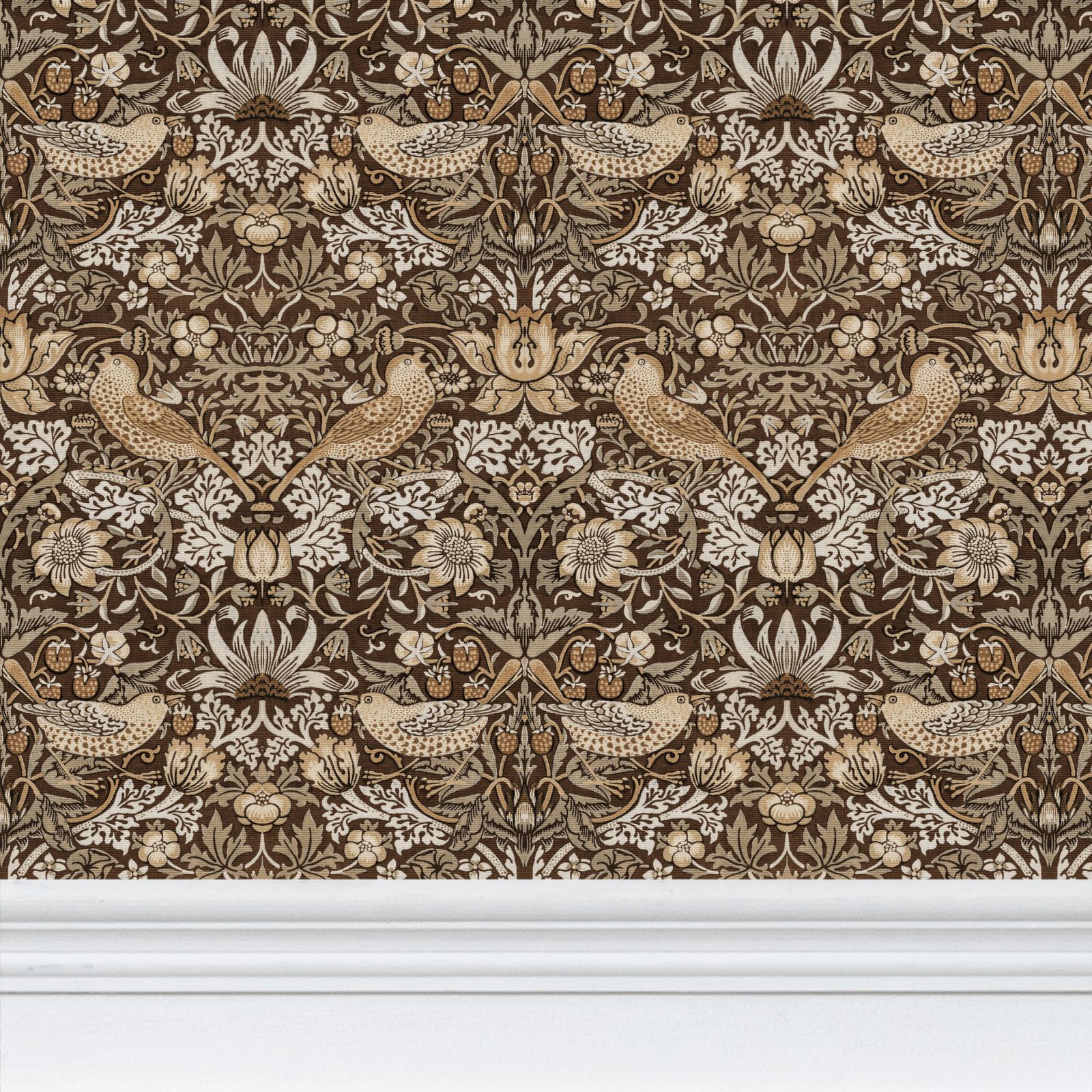 Strawberry Thief by William Morris Repeat Pattern Wallpaper Brown