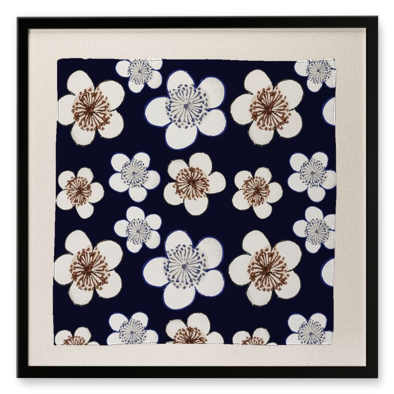 Japanese Kamon Design Collection Blue Navy Flower Framed Silk Scarf