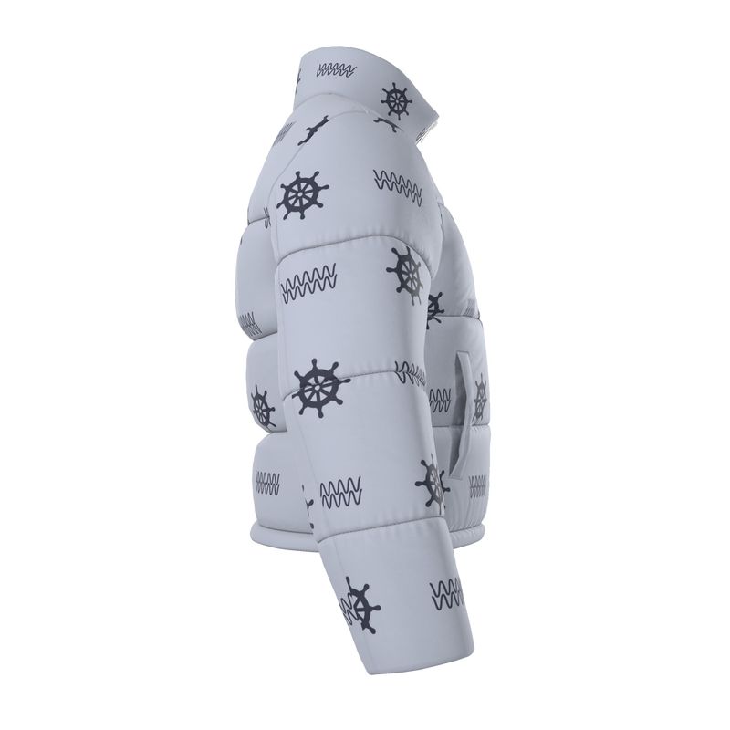 Nautical Navigator: Seamless Ship Wheel Pattern Men's Puffer Jacket