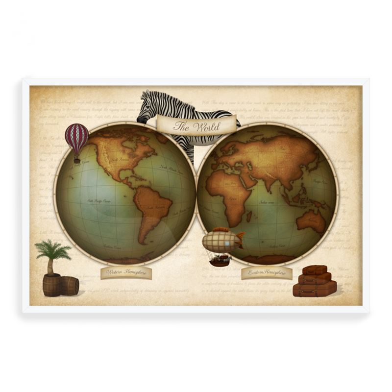 Art Print Steampunk Neo-Victorian Illustrated World Map