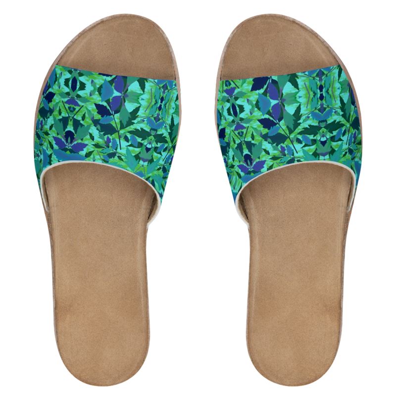 Emerald Green Womens Leather Sliders Diamond Leaves Rainforest