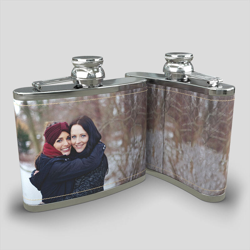 Personalised Hip Flask With Leather Sleeve. Custom Hip Flask
