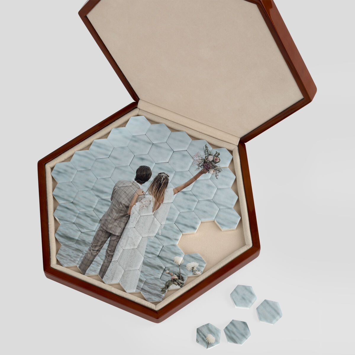 Personalized Ceramic Hexagon Puzzle. Premium Pecan Wood Case