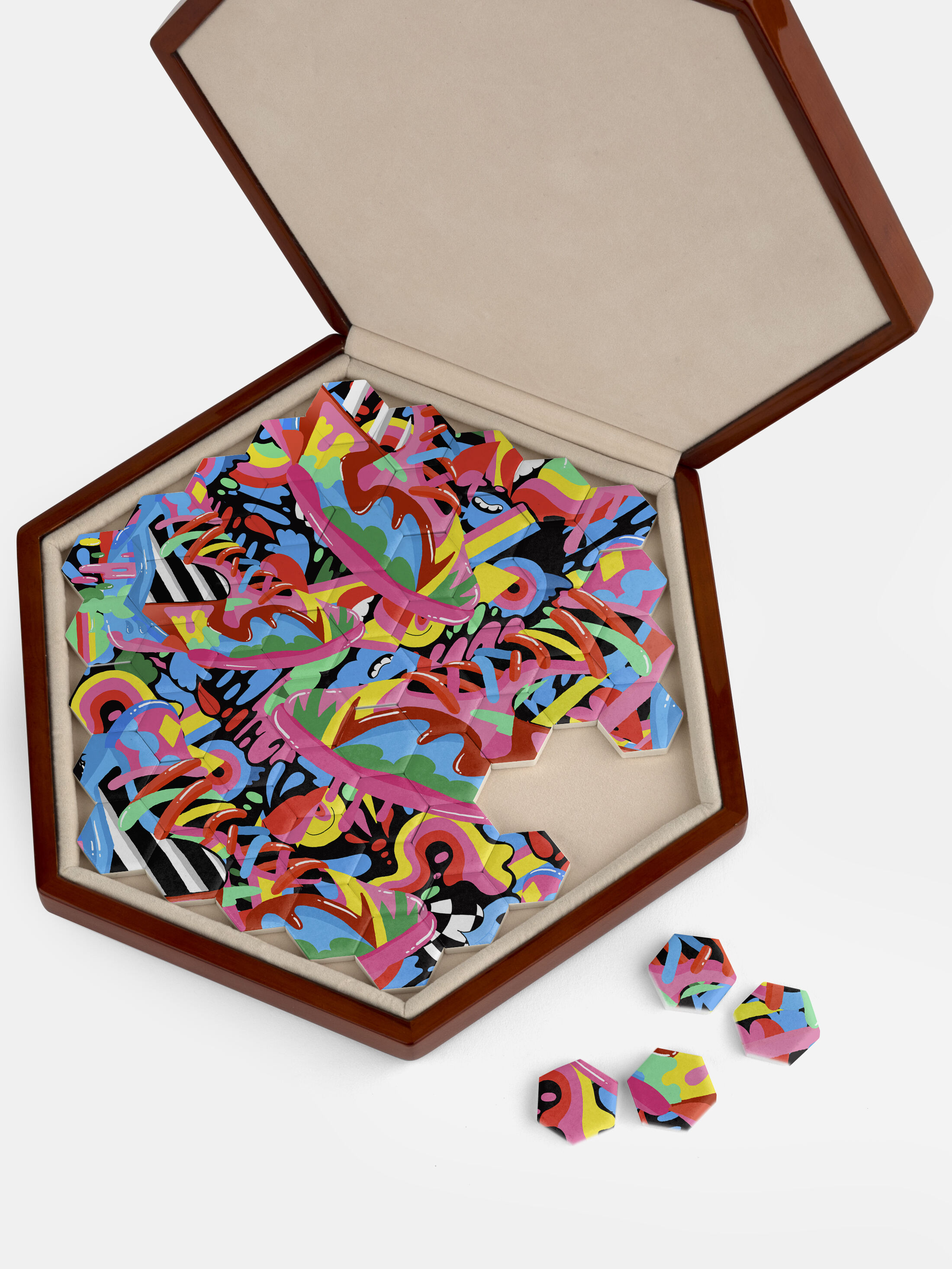 Custom Ceramic Hexagon Puzzle | Premium Pecan Wood Case